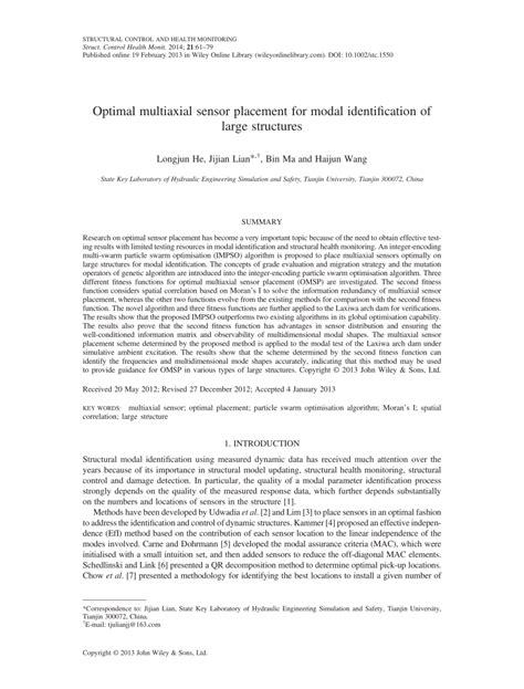 pdf optimal multiaxial sensor placement for modal identification of large structures