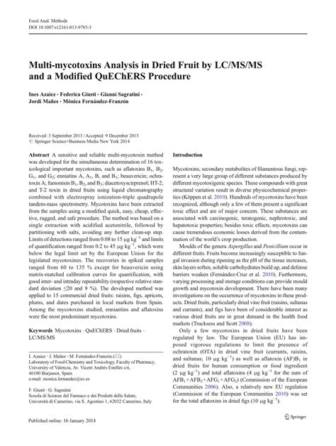 pdf multi mycotoxins analysis in dried fruit by lc ms ms and a modified quechers procedure