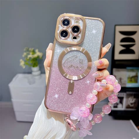 Compatible With Iphone 15 Pro 61 Inch Case With Magsafe Plating Heart Glitter Magnetic Case