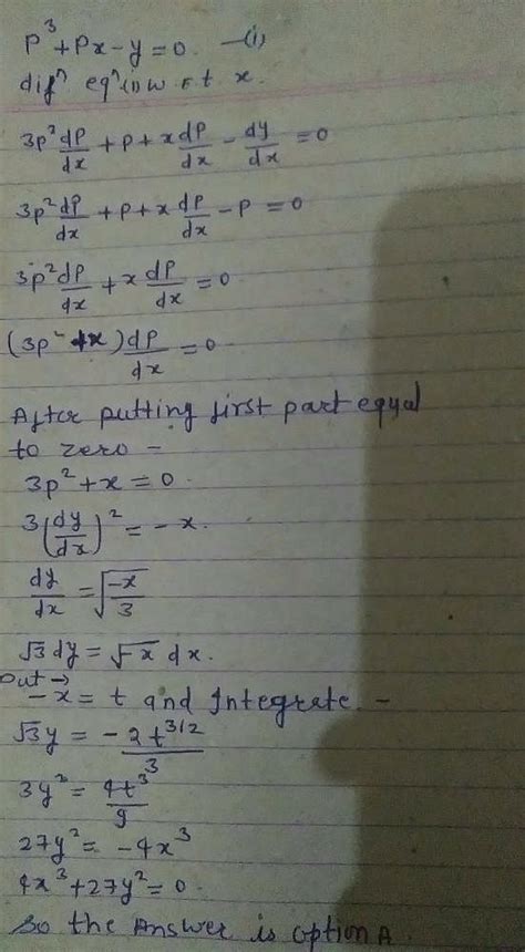 the singular solution of the differential equation p3 px y 0 isa 4x3 27y2 0b 27x3 4y2