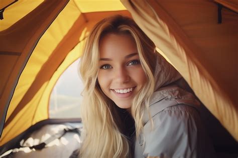 Premium Ai Image Young Pretty Blonde Girl At Outdoors In A Park Inside A Camping Tent