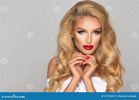 Sensual Blonde Woman With Long Curly Hair Stock Image Image Of Cosmetics Lips 127918457