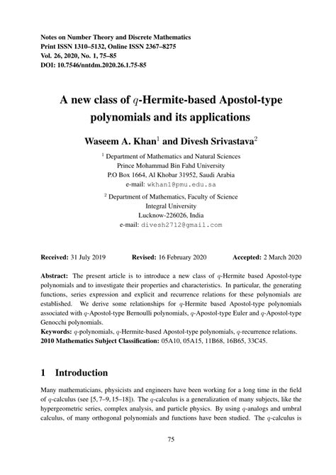 pdf a new class of q hermite based apostol type polynomials and its applications