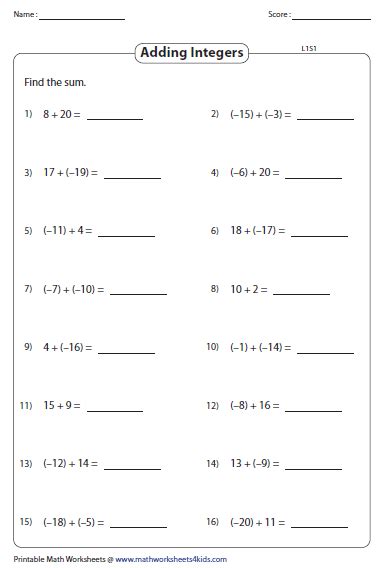 free integer worksheets