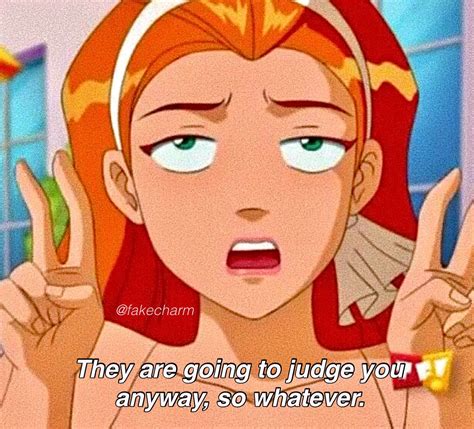 A Woman With Red Hair Holding Her Hands Up In The Air And Saying They Are Going To Judge You
