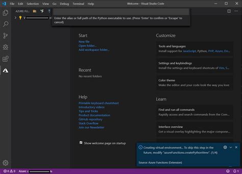 creating new python function for azure functions in vs code stuck on creating virtual