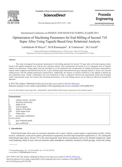 pdf optimization of machining parameters for end milling of inconel 718 super alloy using