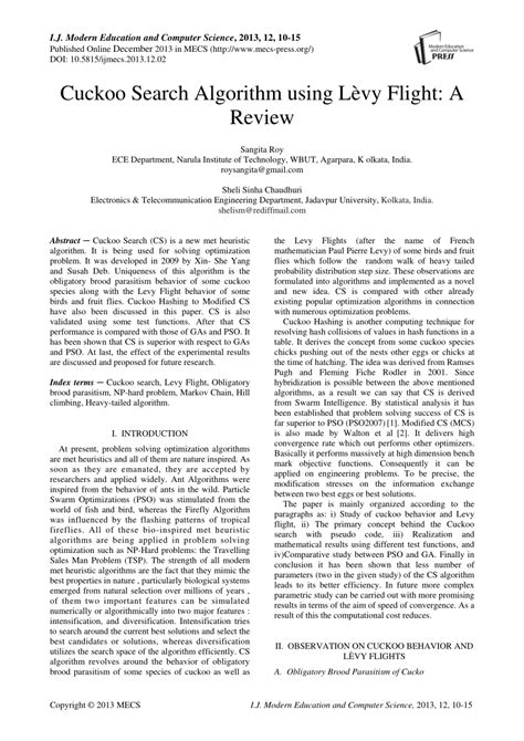 pdf cuckoo search algorithm using lèvy flight a review