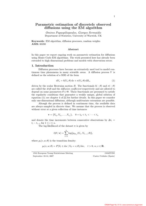 parametric estimation of discretely observed diffusions using the em algorithm