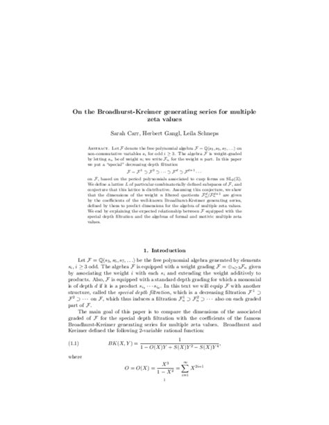 pdf on the broadhurst kreimer generating series for multiple zeta values herbert gangl