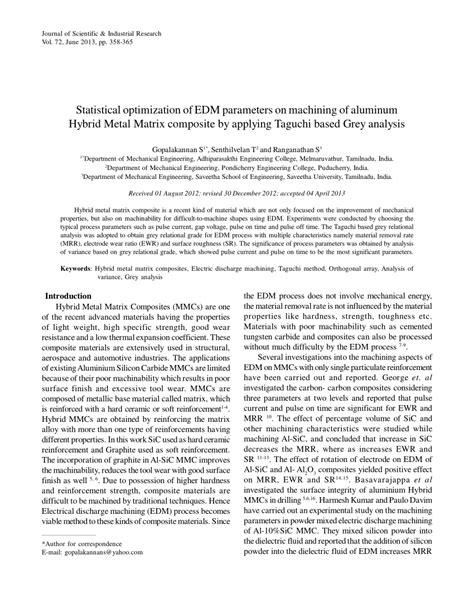 pdf statistical optimization of edm parameters on machining of aluminum hybrid metal matrix