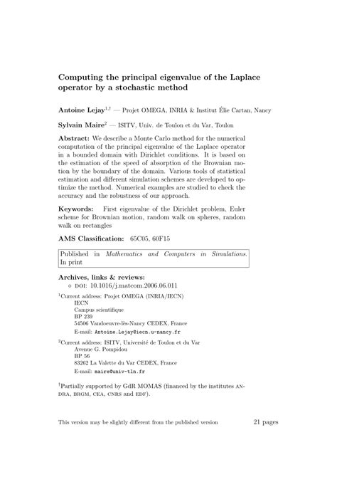 pdf computing the principal eigenvalue of the laplace operator by a stochastic method