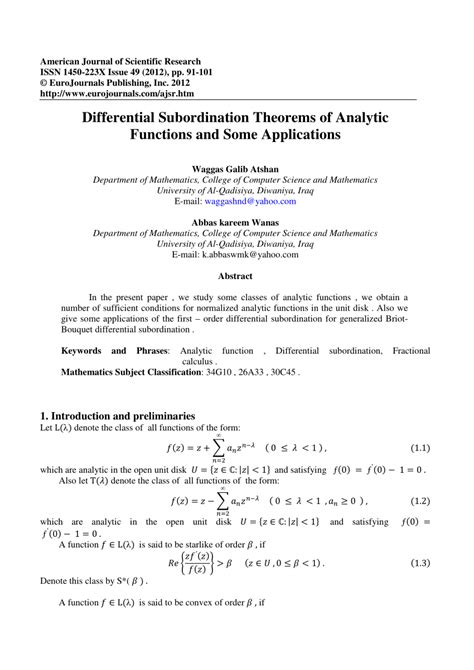 pdf differential subordination theorems of analytic functions and some applications