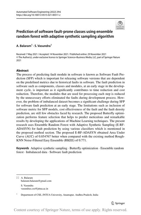 prediction of software fault prone classes using ensemble random forest with adaptive synthetic