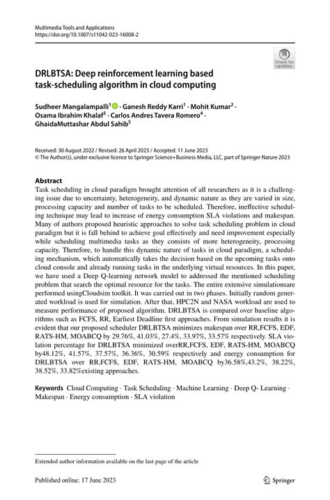 pdf drlbtsa deep reinforcement learning based task scheduling algorithm in cloud computing