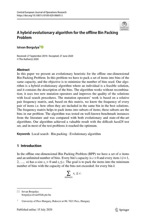 pdf a hybrid evolutionary algorithm for the offline bin packing problem