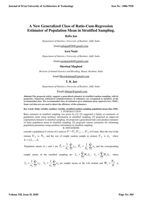 pdf a new generalized class of ratio cum regression estimator of population mean in stratified