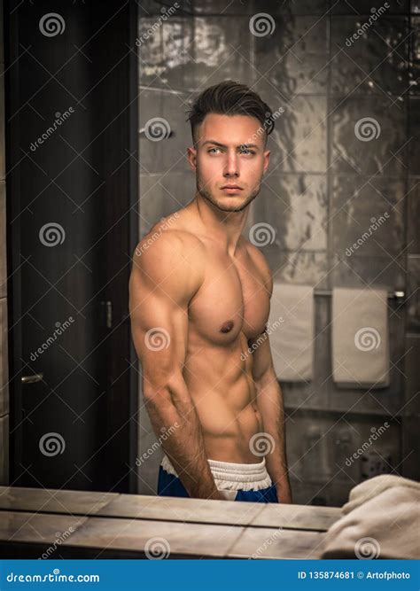 Shirtless Handsome Young Man In Bathroom By Sink Stock Image Image Of Morning Mirror 135874681