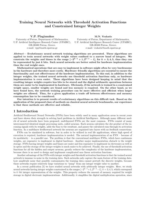 pdf training neural networks with threshold activation functions and constrained integer weights