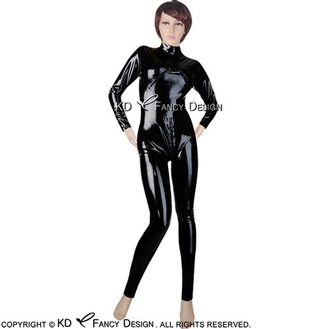 Black Sexy Latex Catsuit With Back To Crotch Zipper Slant Breasts Zip Rubber Body Suit Catsuit