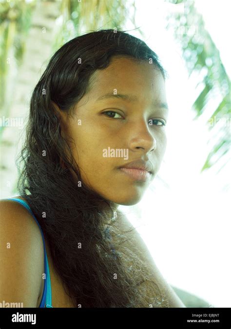 Pretty Latina Creole Woman Thinking Seriously Big Corn Island Nicaragua Central America Stock