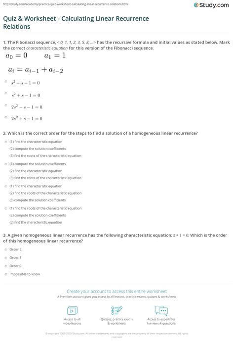 quiz and worksheet calculating linear recurrence relations