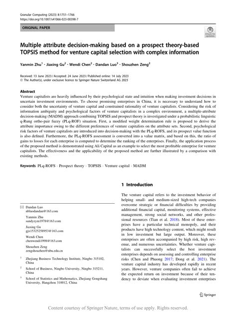 multiple attribute decision making based on a prospect theory based topsis method for venture