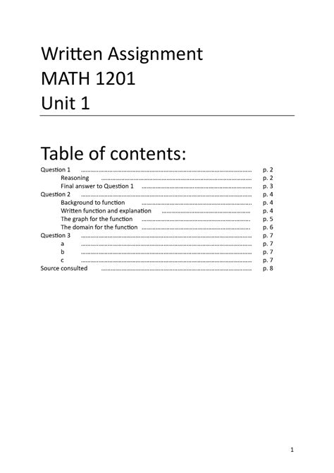 written assignment math 1201 unit 1 wri en assignment math unit ques on 1 p table of contents