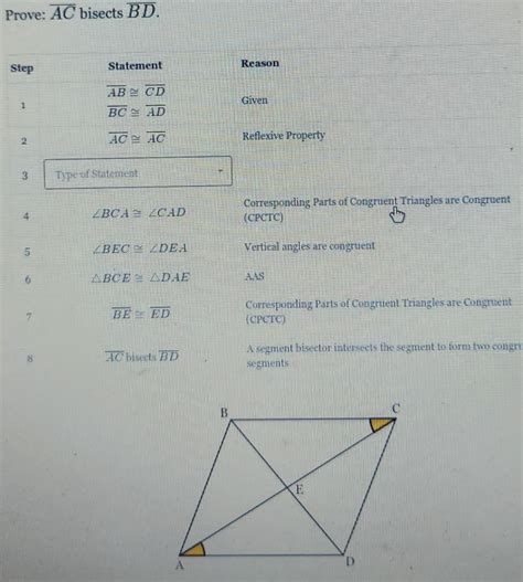 solved prove ac bisects bd step statement ab≅cdbc≅adac≅ac