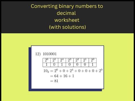 converting binary numbers to decimal worksheet with solutions teaching resources
