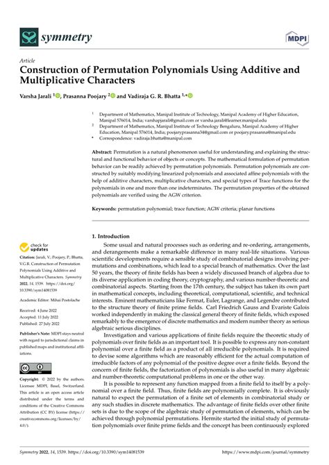 pdf construction of permutation polynomials using additive and multiplicative characters
