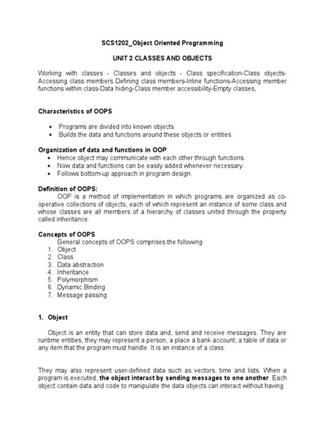 scs1202 object oriented programming unit 2 classes and objects pdf class computer