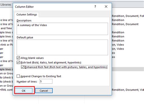 add multiple lines of rich text in sharepoint library