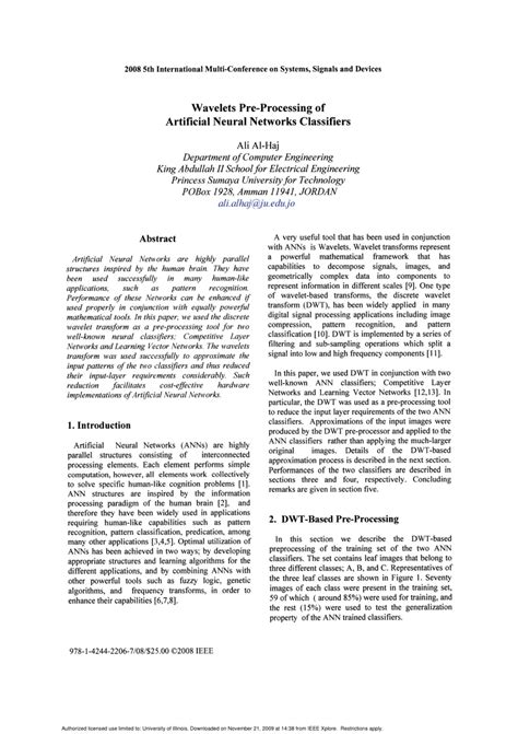 pdf wavelets pre processing of artificial neural networks classifiers