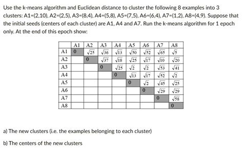 solved use the k means algorithm and euclidean distance to cluster the following 8 examples
