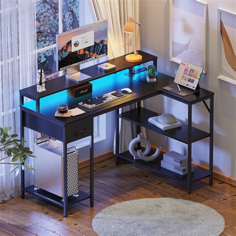Superjare L Shaped Gaming Desk With Led Lights And Power Outlets Office Desk With Shelves
