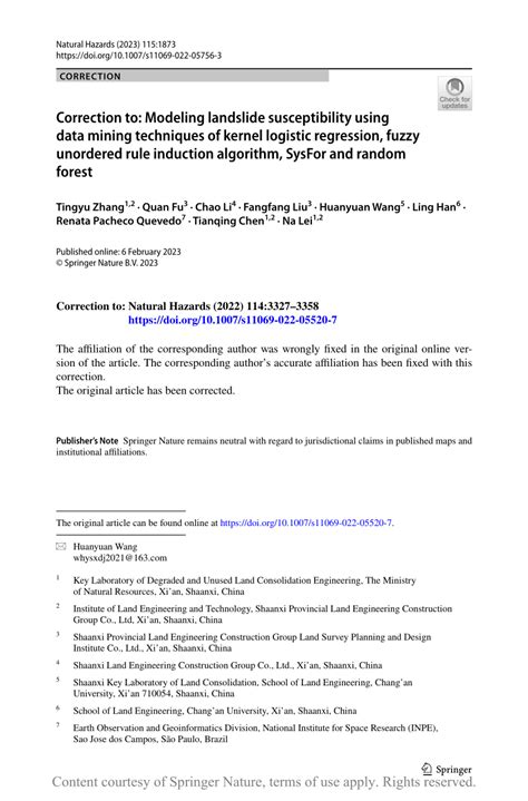 correction to modeling landslide susceptibility using data mining techniques of kernel logistic