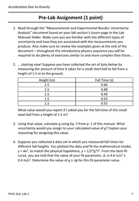 solved acceleration due to gravity pre lab assignment 1