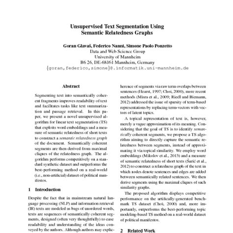 unsupervised text segmentation using semantic relatedness graphs acl anthology