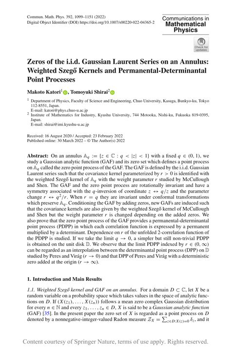 pdf zeros of the i i d gaussian laurent series on an annulus weighted szegő kernels and