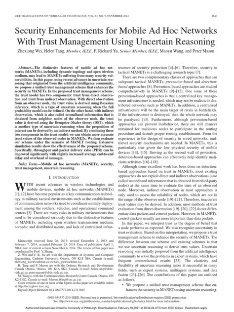 security enhancements for mobile ad hoc networks with trust management using uncertain reasoning