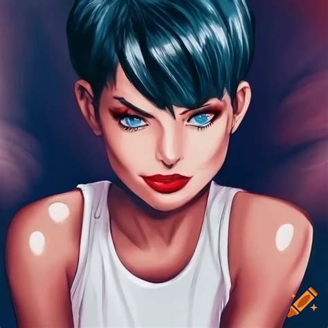 Comic Book Girl With Black Hair And Blue Eyes Wearing A Basketball Jersey In Bed On Craiyon