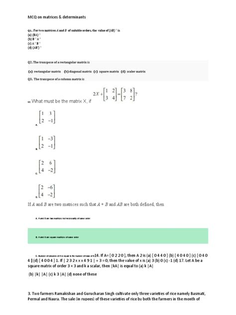 mcq matrices and determinants pdf matrix mathematics determinant