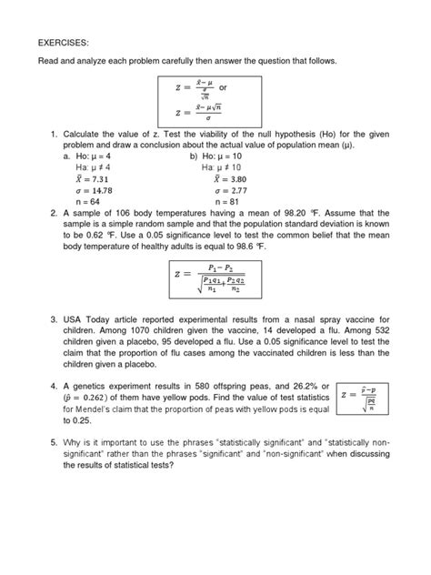 exercises for z and t tests pdf statistical hypothesis testing statistical significance