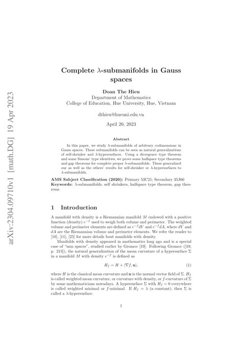 pdf complete lambda submanifolds in gauss spaces