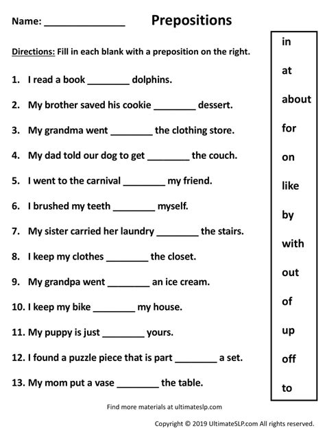 Preposition Exercises With Answers Class 10
