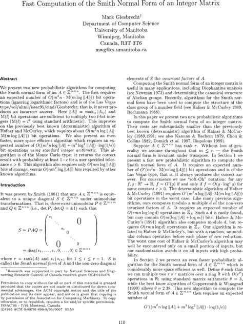 fast computation of the smith normal form of an integer matrix proceedings of the 1995