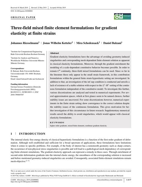 pdf three‐field mixed finite element formulations for gradient elasticity at finite strains