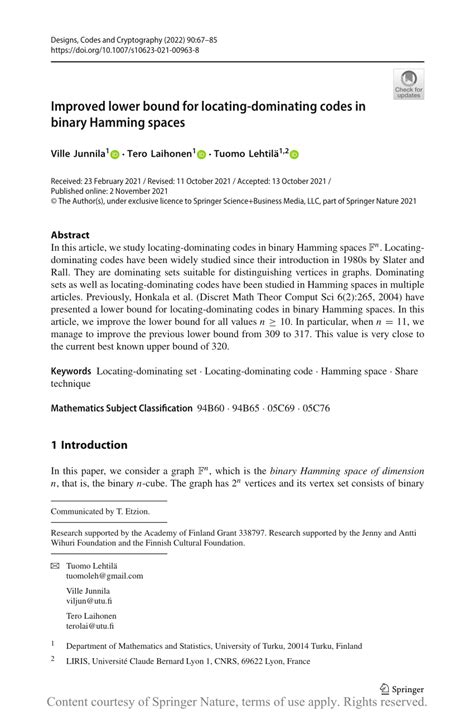 improved lower bound for locating dominating codes in binary hamming spaces request pdf