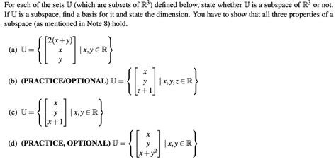 solved for each of the sets u which are subsets of r3 defined below state whether u is a